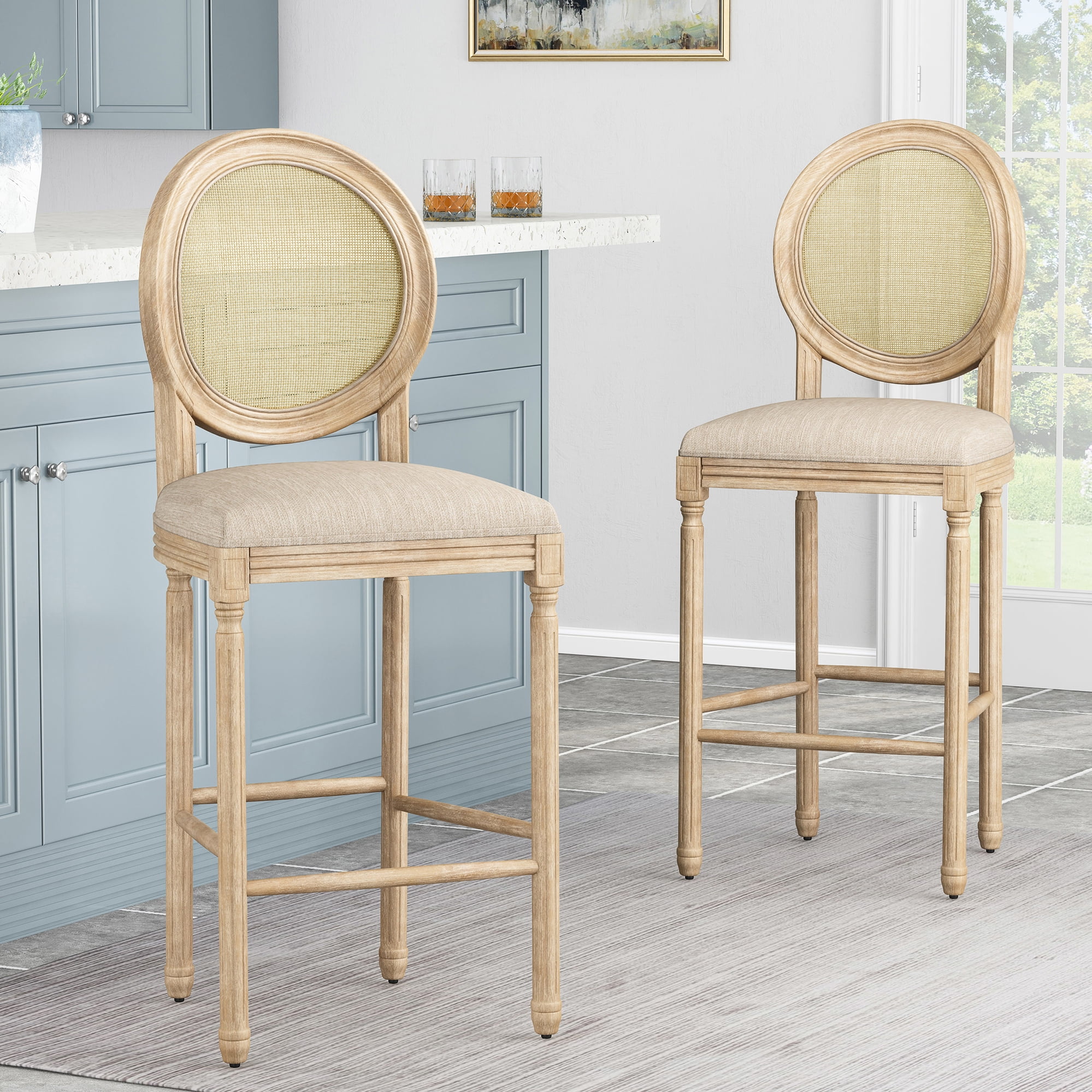 Of 2 Rustic Bar Stools - Beige & Natural Hues, Woven , Ideal For Home ...