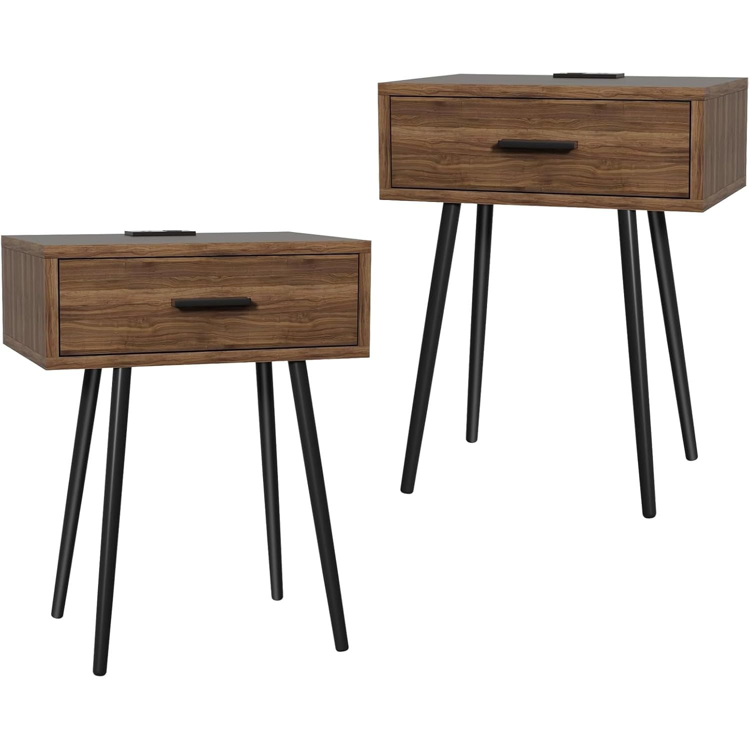 2 SET Nightstand with Charging Port and Wooden Drawers - Perfect for ...
