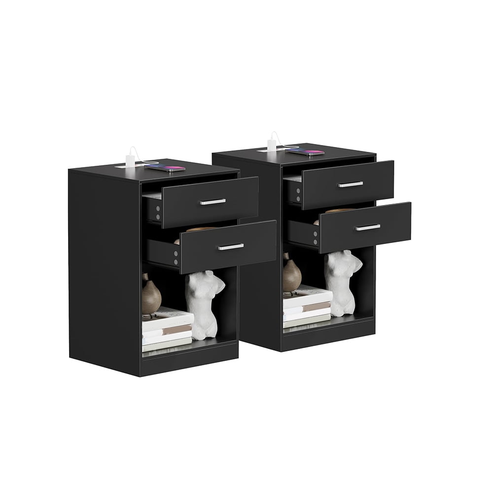 2 SET Nightstand with 2 Drawers and Charging Port - Perfect for Small ...