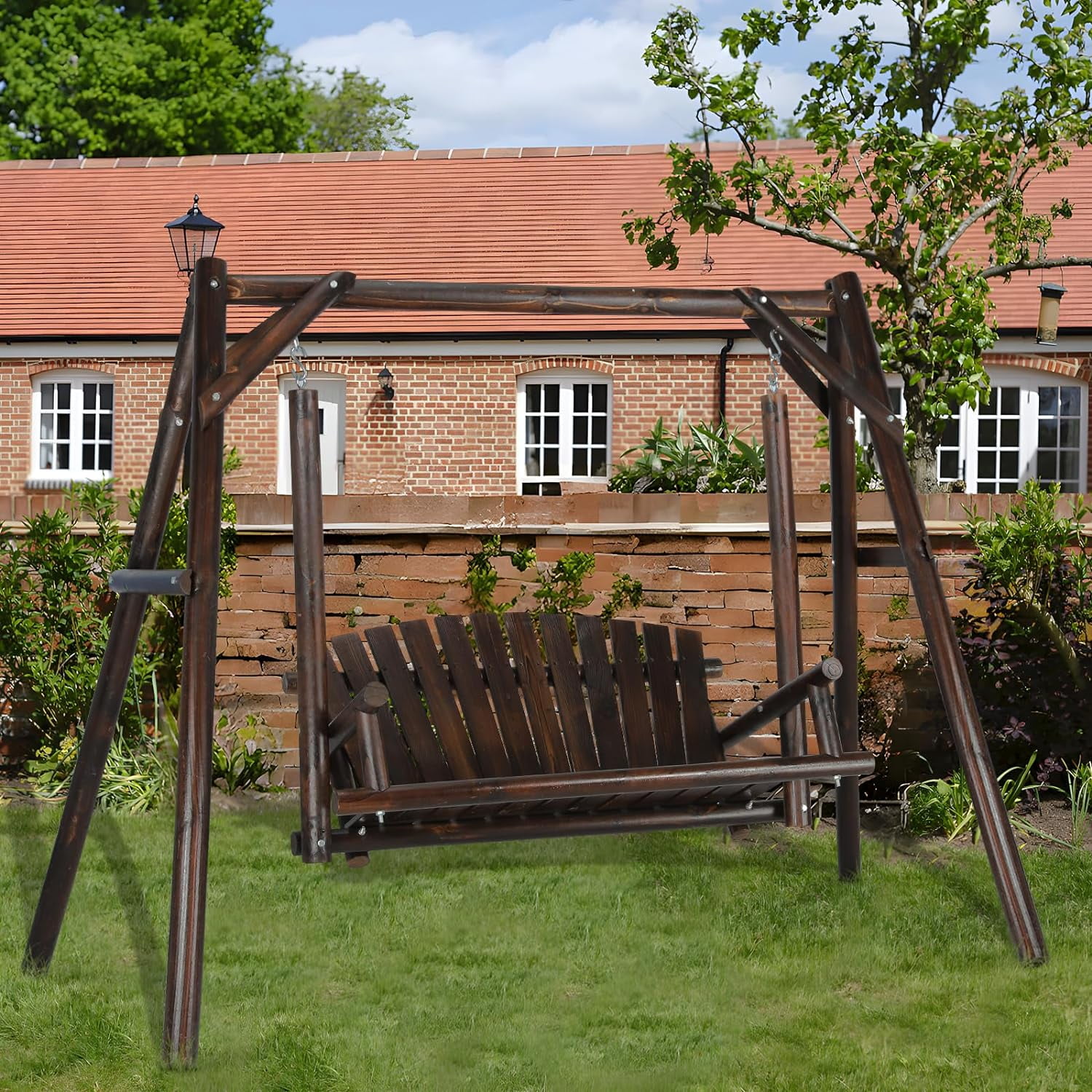 EPICOZY Wood Freestanding Chair Porch Swing with Stand, Carbonized ...