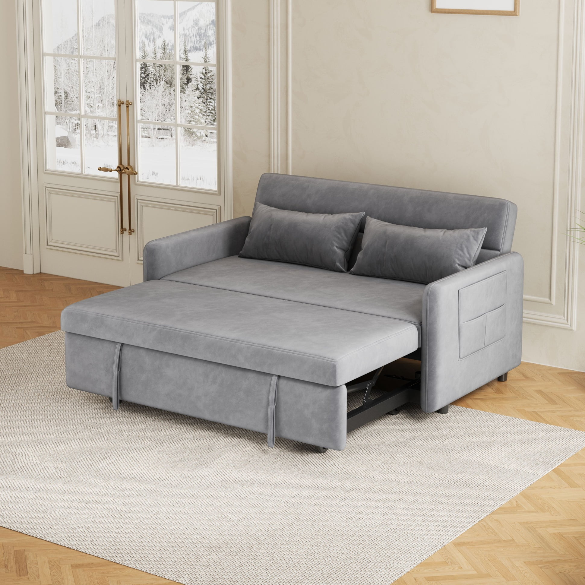 2 Seat Velvet Pull out Sofa Bed, Sleeper Sofa Couch with Two Pillows ...
