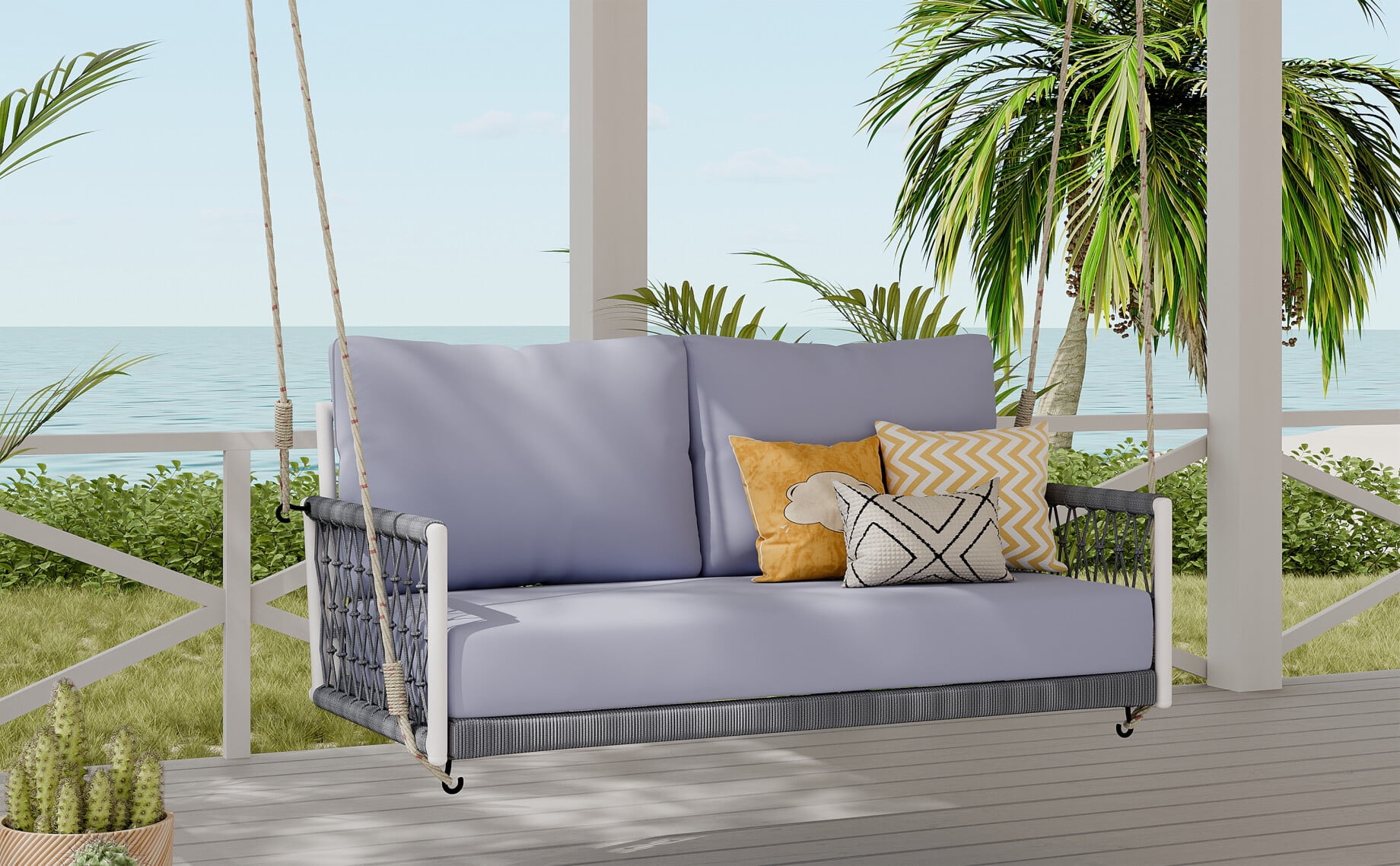 2-Seat Woven Rope Outdoor Swing Sofa with Soft Cushion, Hanging Porch ...