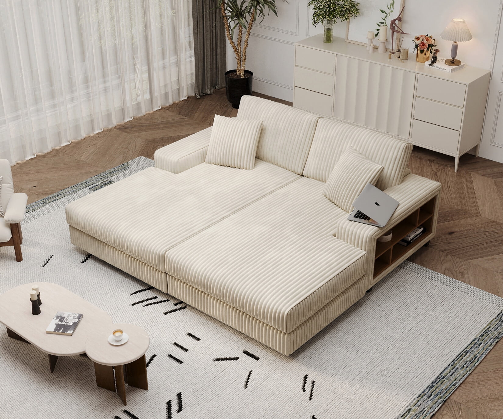 Oversized Double Chaise Lounge Set with Side Shelves & Sleeper Sofa Bed ...