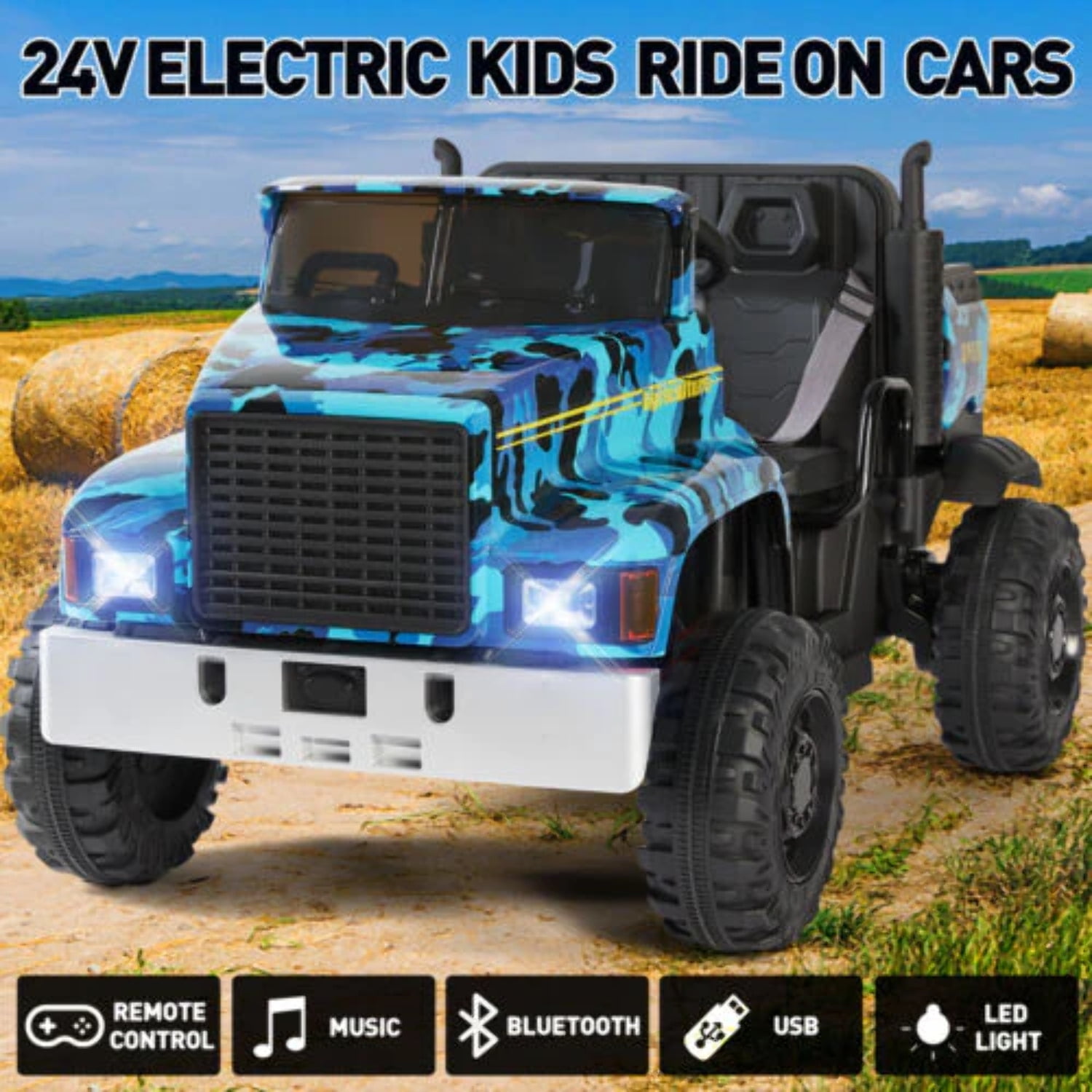 2-Seater 24V Battery Powered Kids Ride-On Truck with Camo Design and 3 ...
