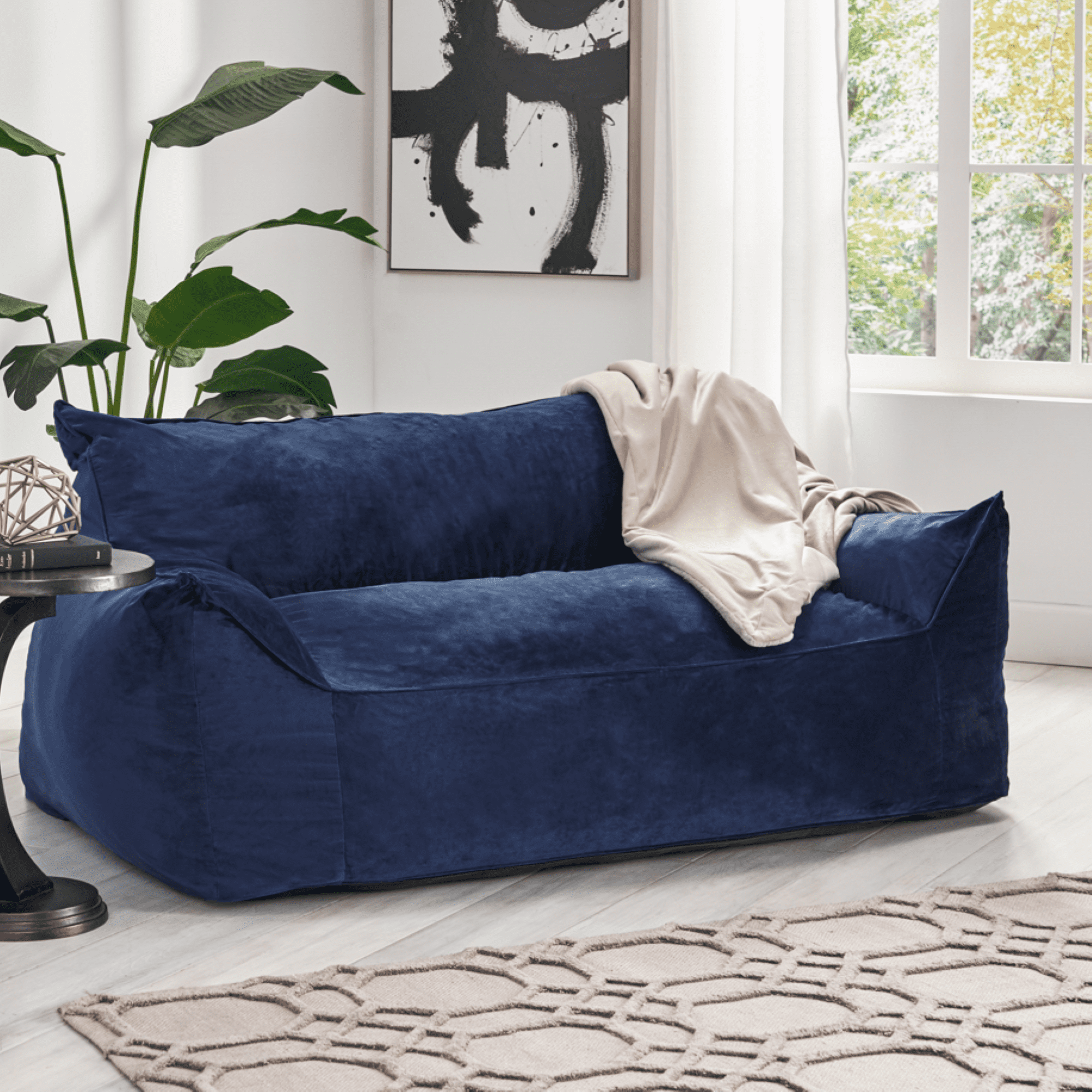 2 Seater Bean Bag Chair with Arms - Navy Blue, Velveteen Oversized ...