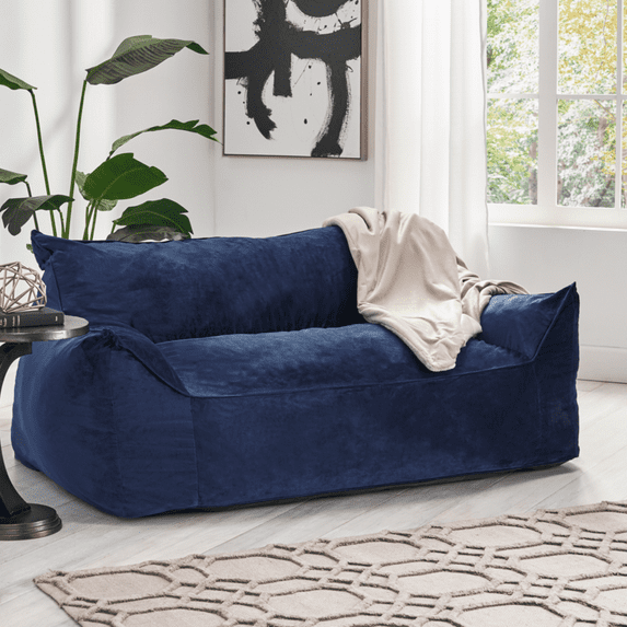 2 Seater Bean Bag Chair with Arms - Navy Blue, Velveteen Oversized ...