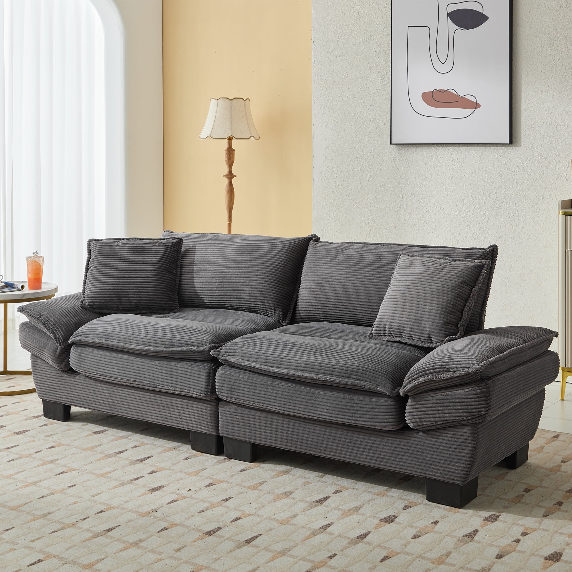 2 Seater Corduroy Sofa Deep Seats Loveseat Sofa with 2 Pillows Couches ...
