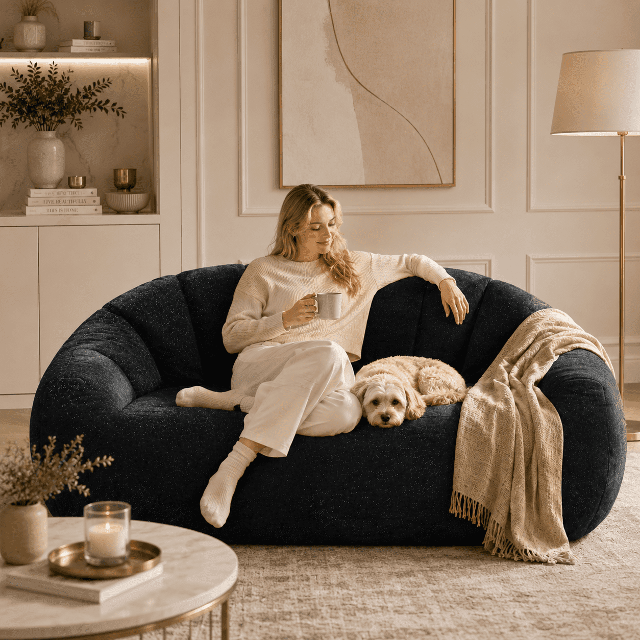 2-Seater Glitter Chenille Bean Bag Sofa, Oversized Curved Floor Couch ...