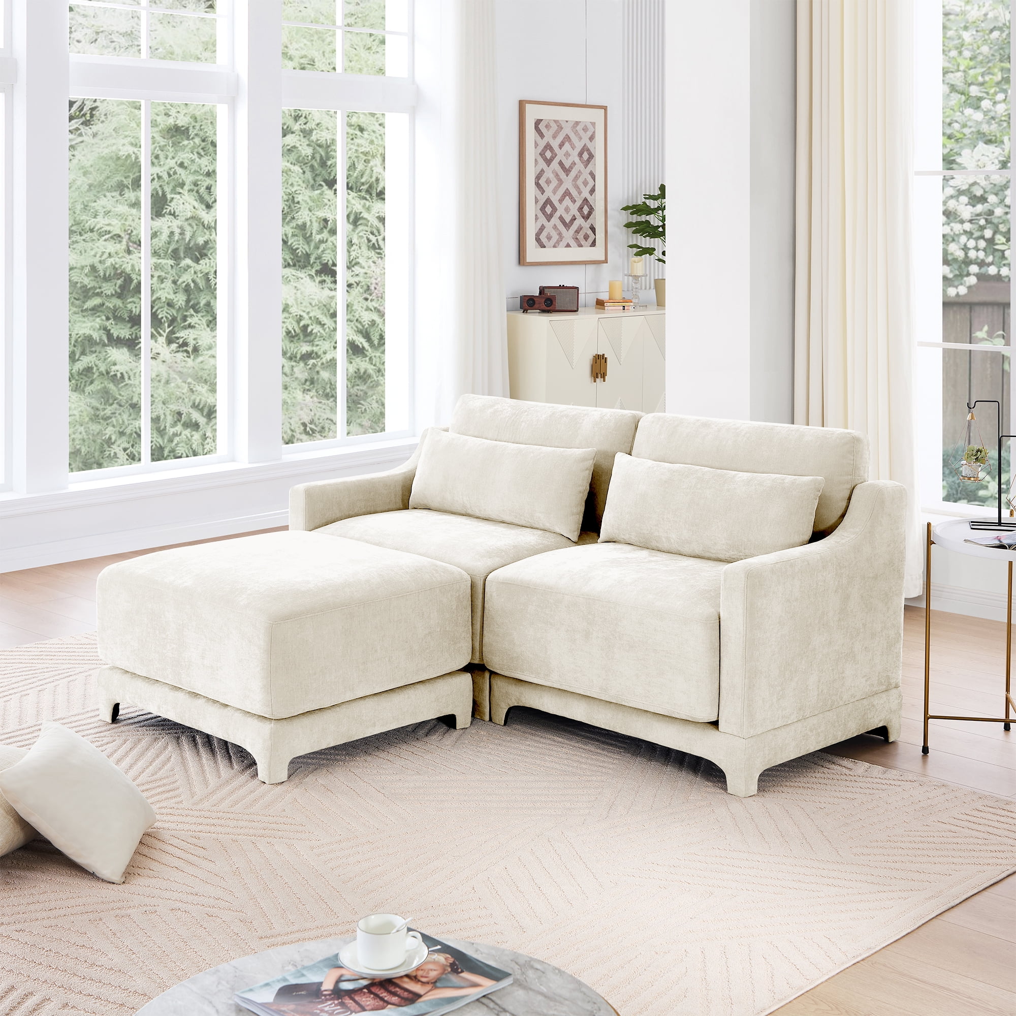2-Seater L-Shaped Chenille Sectional Sofa, Modular Sofa with Ottoman ...