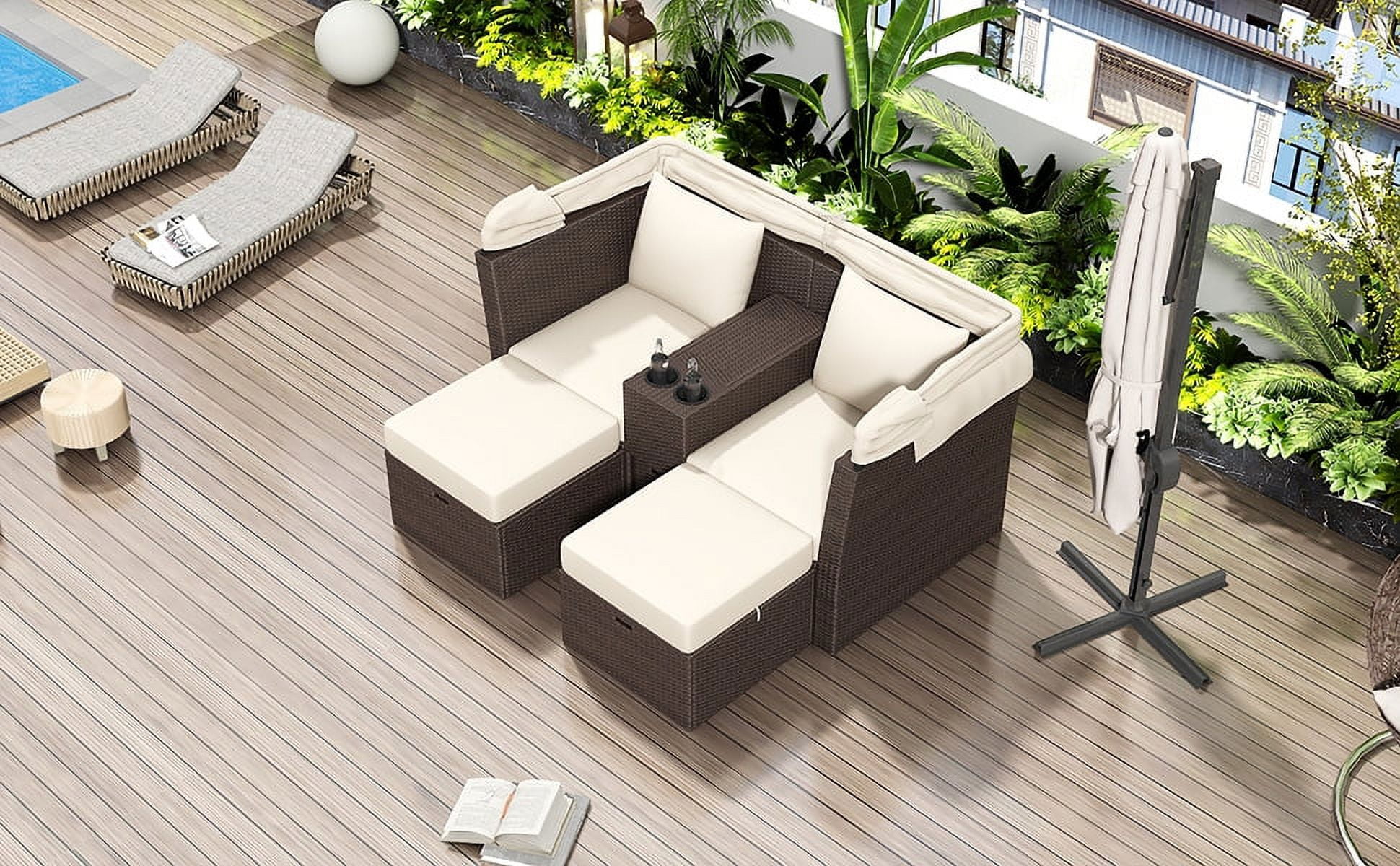 2-Seater Outdoor Daybed with Foldable Awning & Cup Holders, Rattan ...