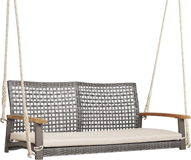 2-Seater Outdoor Porch Swing - Patio PE Rattan Hanging Swing Bench with ...
