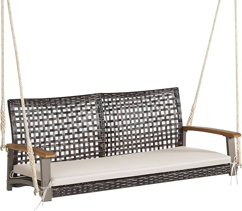 2-Seater Outdoor Porch Swing - Patio PE Rattan Hanging Swing Bench with ...