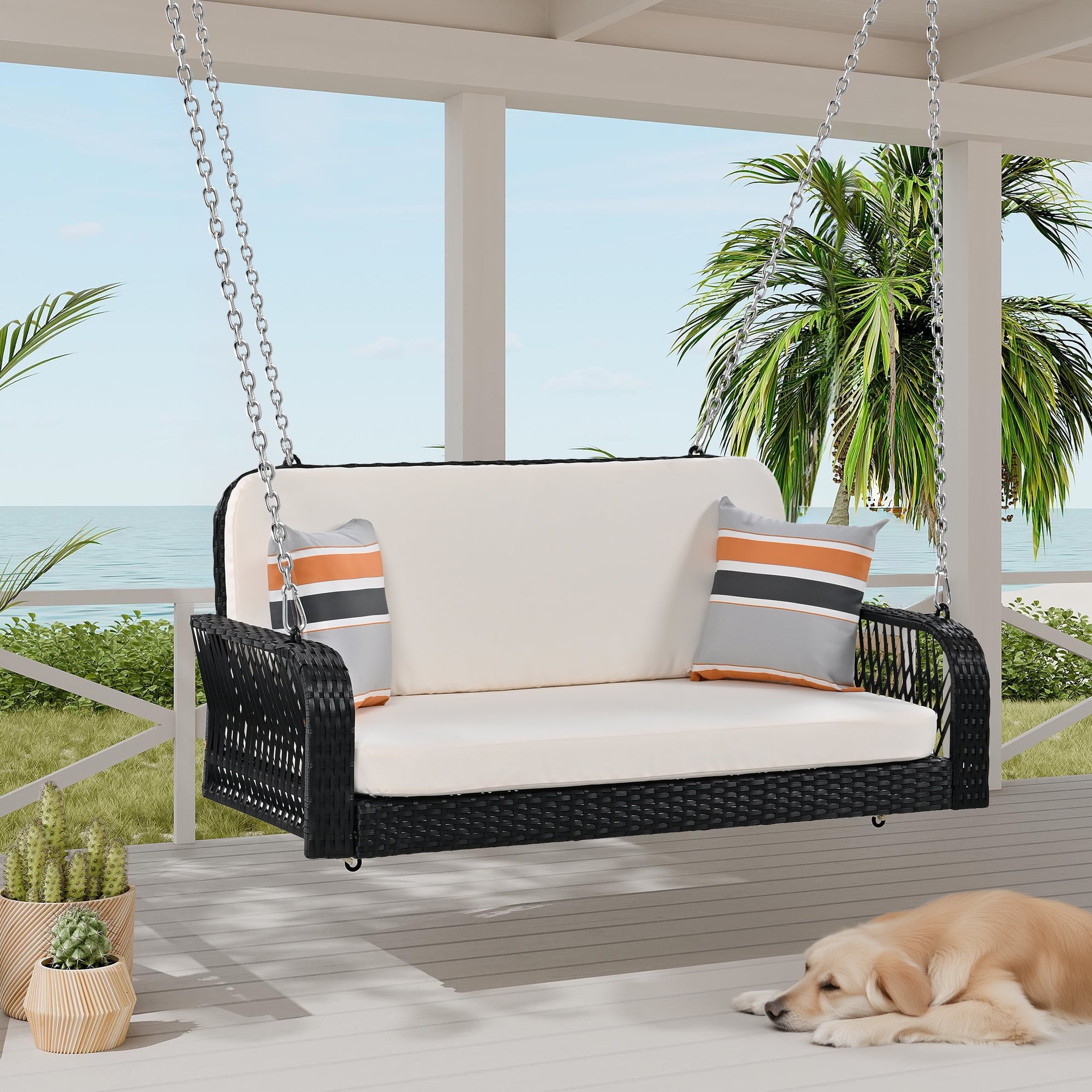 2-Seater PE Wicker Porch Swing Hanging Bench with Chains, Beige ...