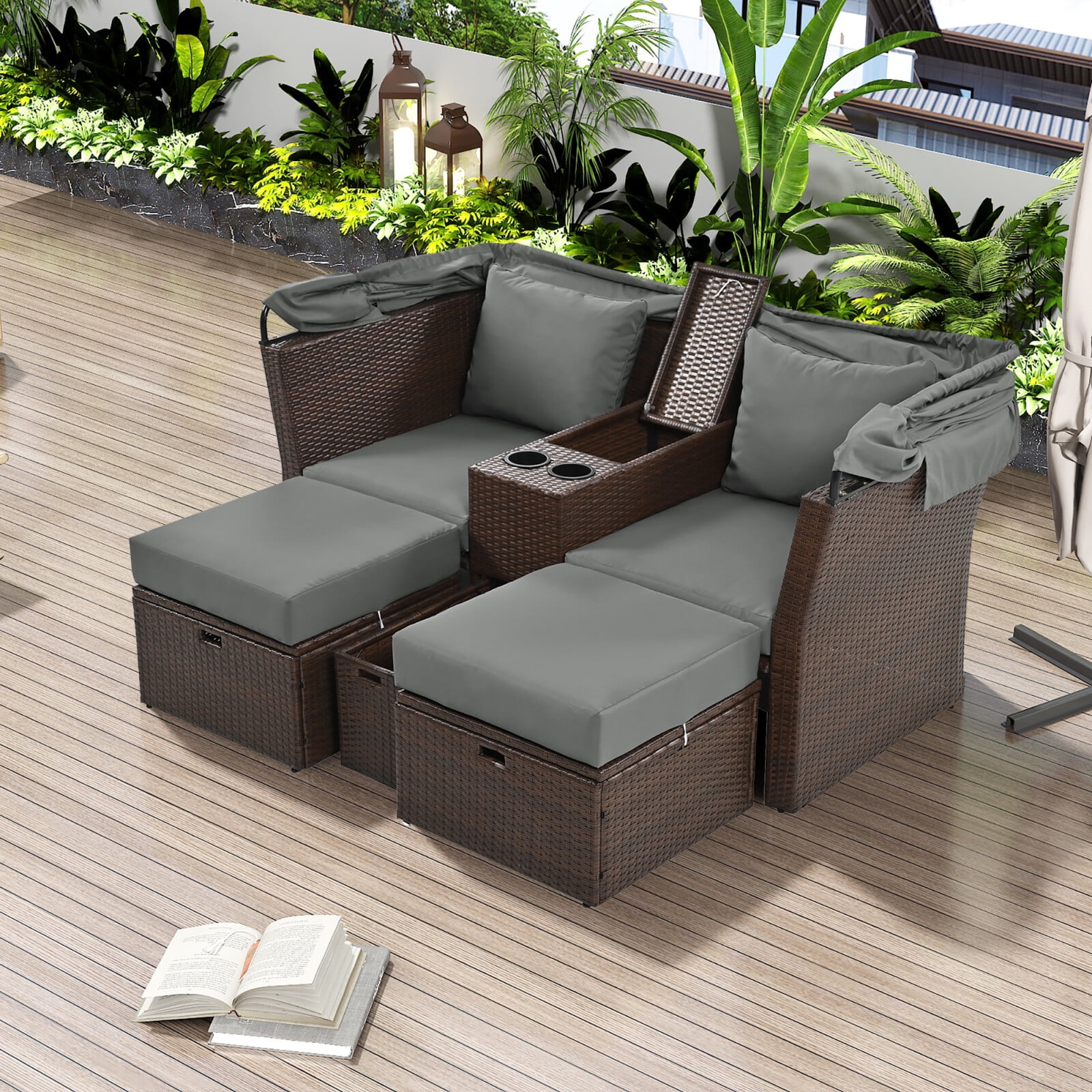 2-Seater Patio Outdoor Rattan Daybed Set,PE Wicker Conversation ...