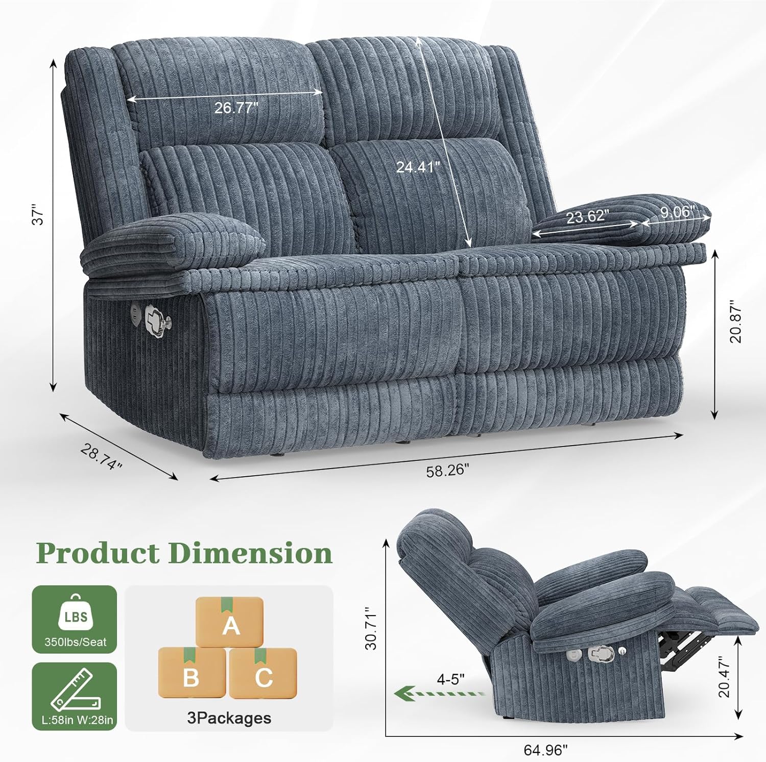 2-Seater Reclining Sofa with USB Ports & Phone Holders, 58-Inch Dual ...