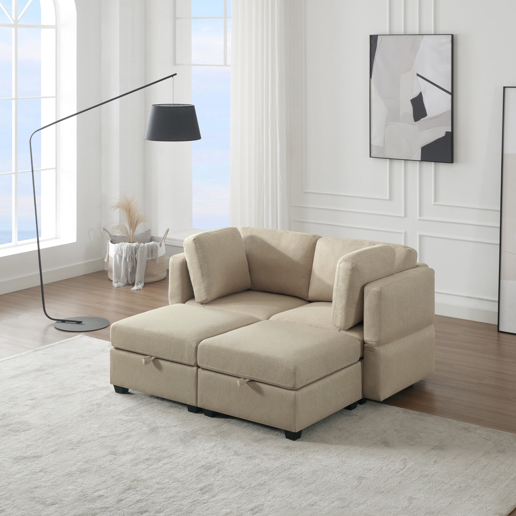 2 Seater Sectional Sofa with Ottomans, Adjustable Modular Sofa Bed with ...