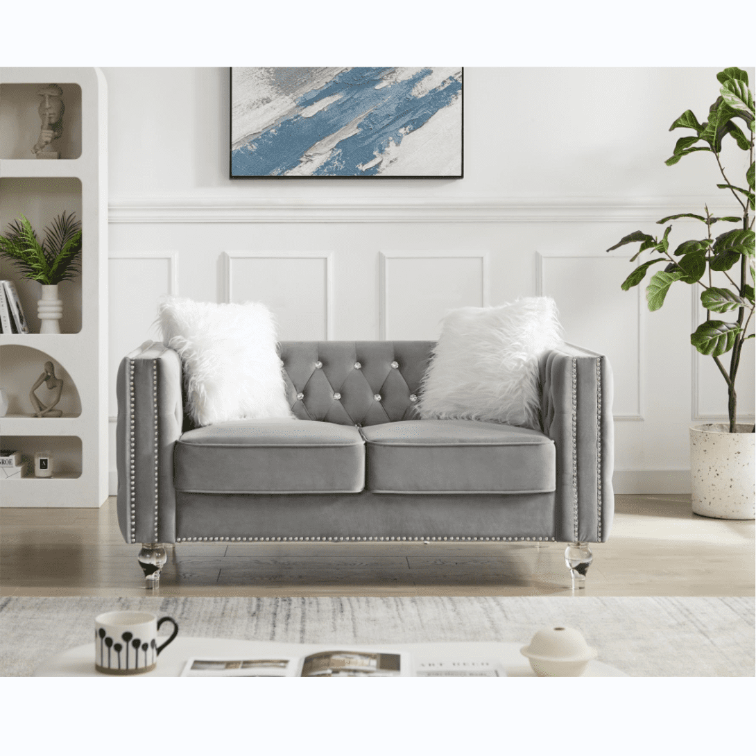 2 Seater Velvet Crystal Buckle Uphostered Sofa with 2 Plush Pillows ...