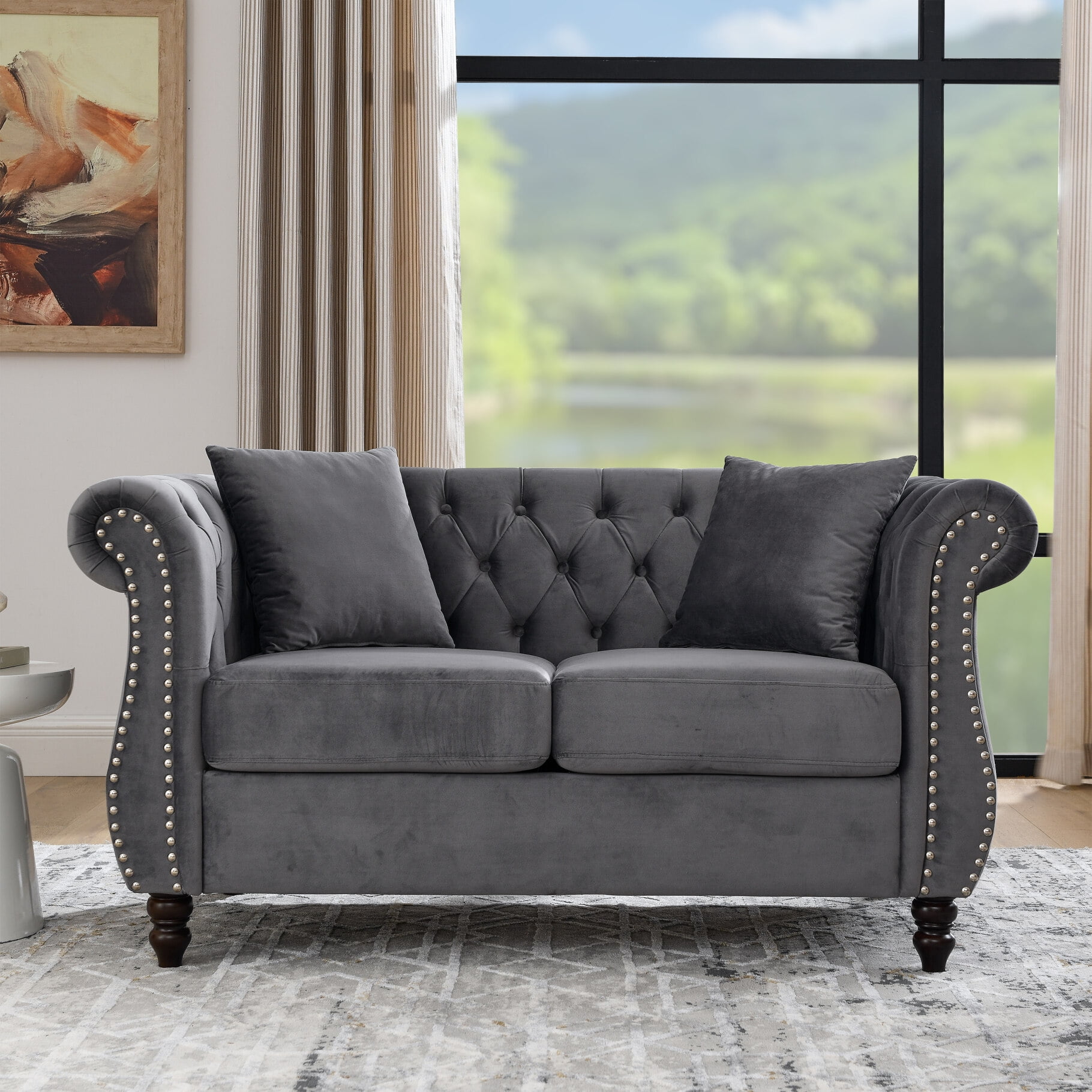2 Seater Velvet Sofa with Rolled Arms and Nailhead, Tufted Couch with 2 Pillows for Living Room ...