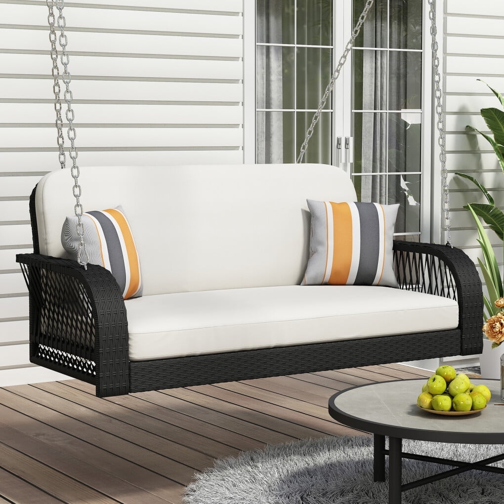 2-Seater Wicker Porch Swing, Outdoor Indoor Hanging Bench With Chains ...