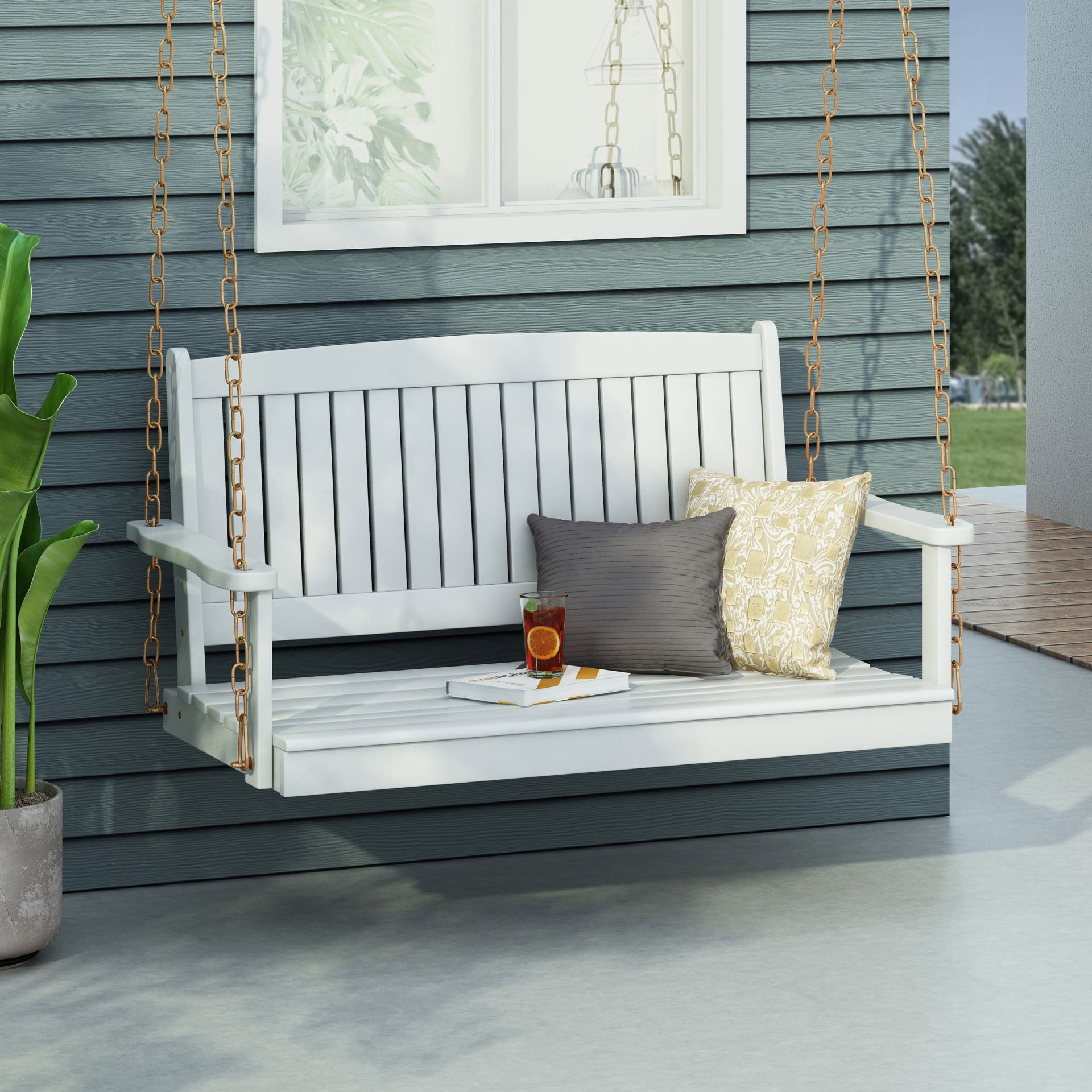 2-Seats Hanging Porch Swing, Wooden Porch Swing Hanging Max 800 lbs ...