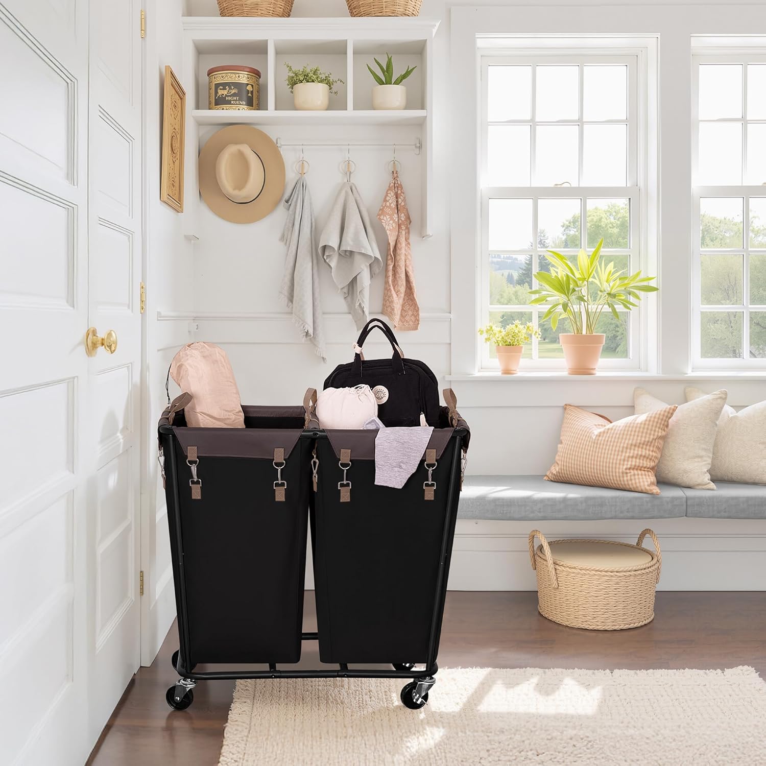 2-Section Rolling Laundry Cart, 280L Large Hamper with Wheels and ...