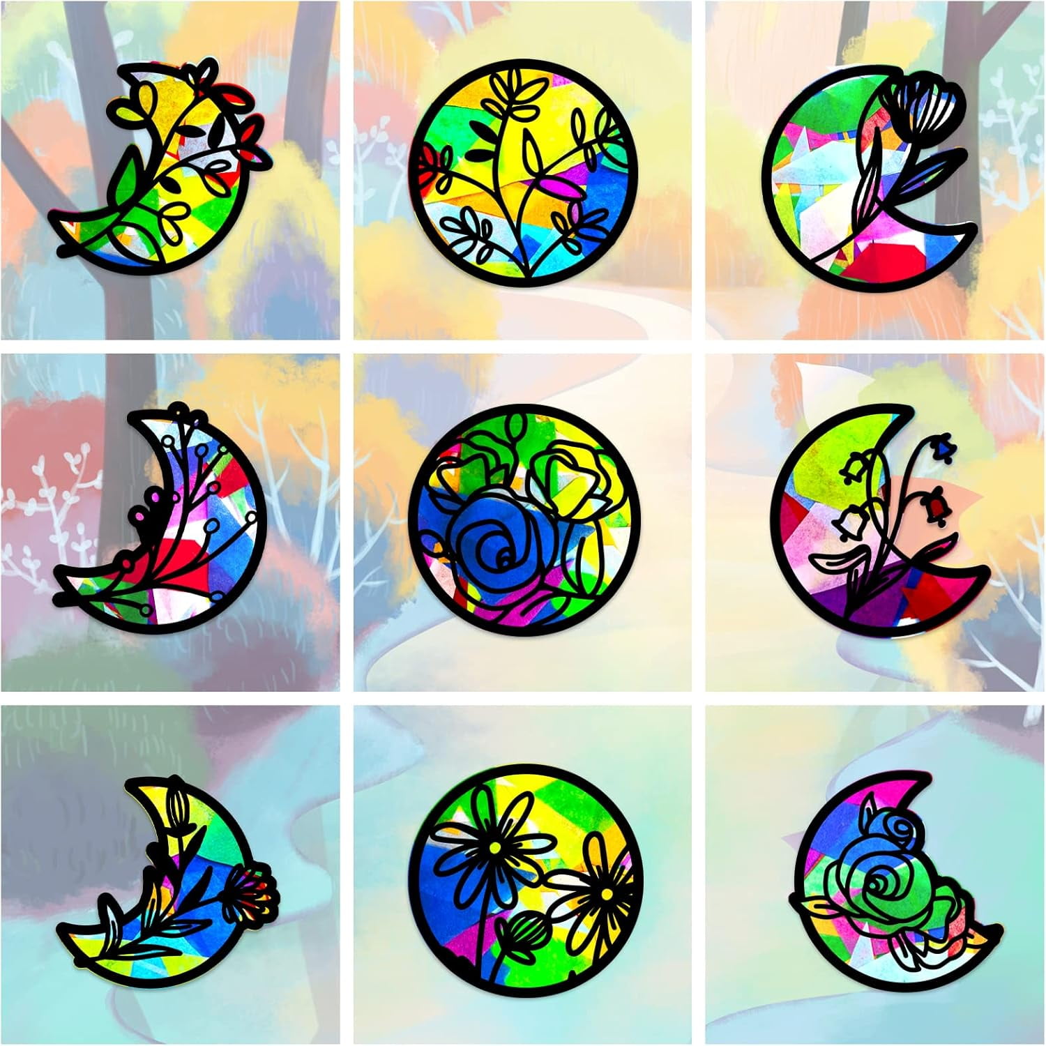 2 Set 18 Pcs Flowers Stained Glass Effect Paper Suncatchers Moon Phases ...