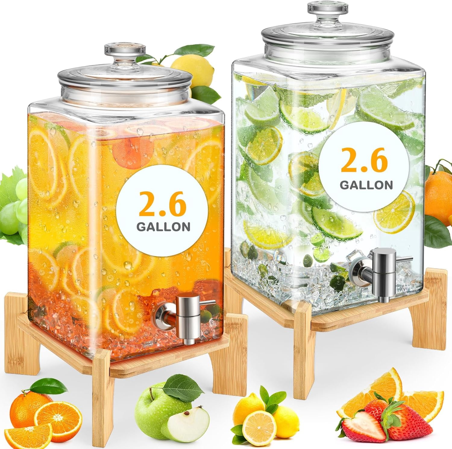 2 Set 2.6 Gallon Glass Beverage Dispenser with Wooden Stand Large Water ...