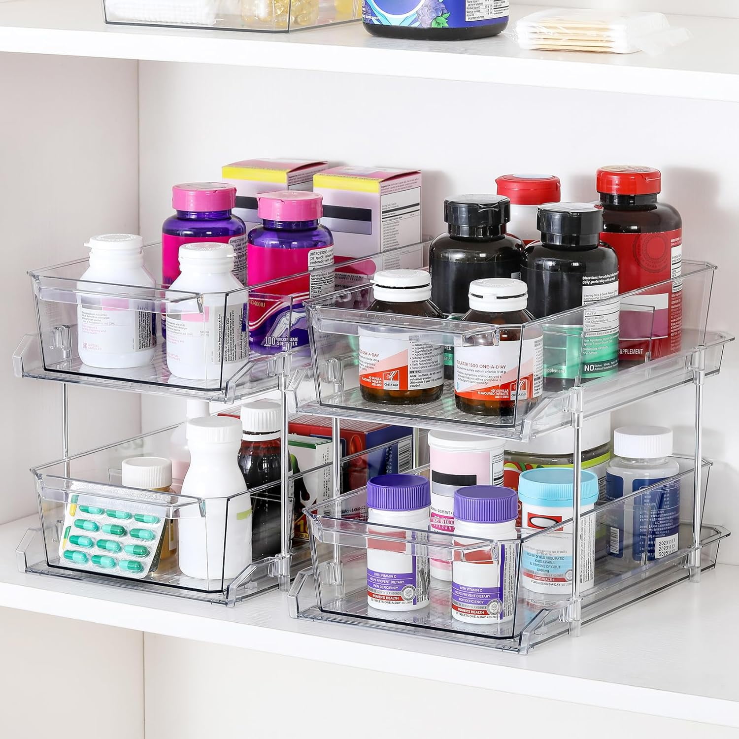 2 Set 2 Tier Clear Organizer with Dividers for Cabinet, Shelf, Counter ...