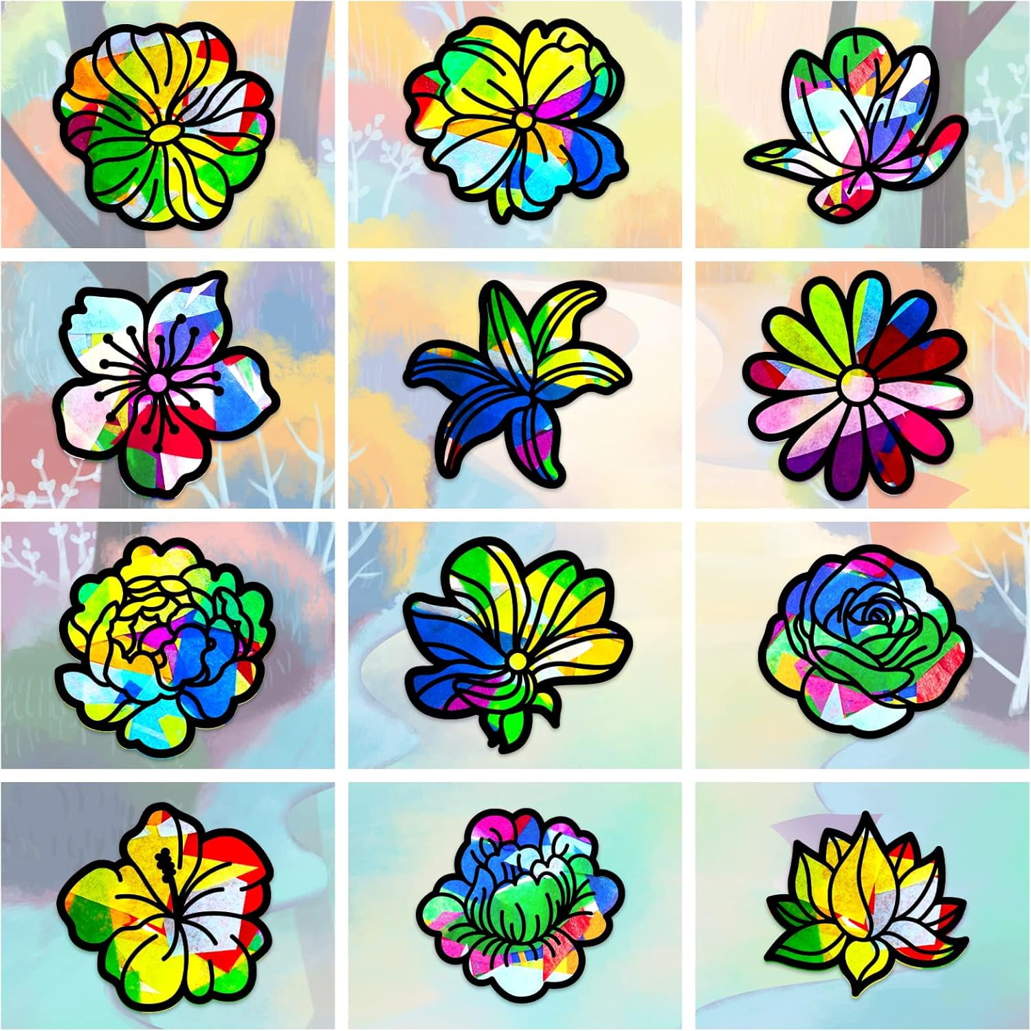 2 Set 24 Pcs Flowers Stained Glass Effect Paper Suncatchers Flowers ...