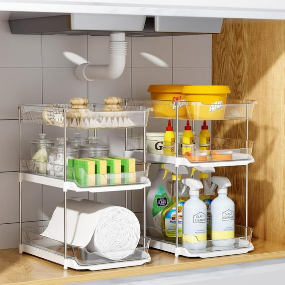 2-Set 3-Tier Clear Under Sink Organizer - Pull Out Cabinet Storage with ...