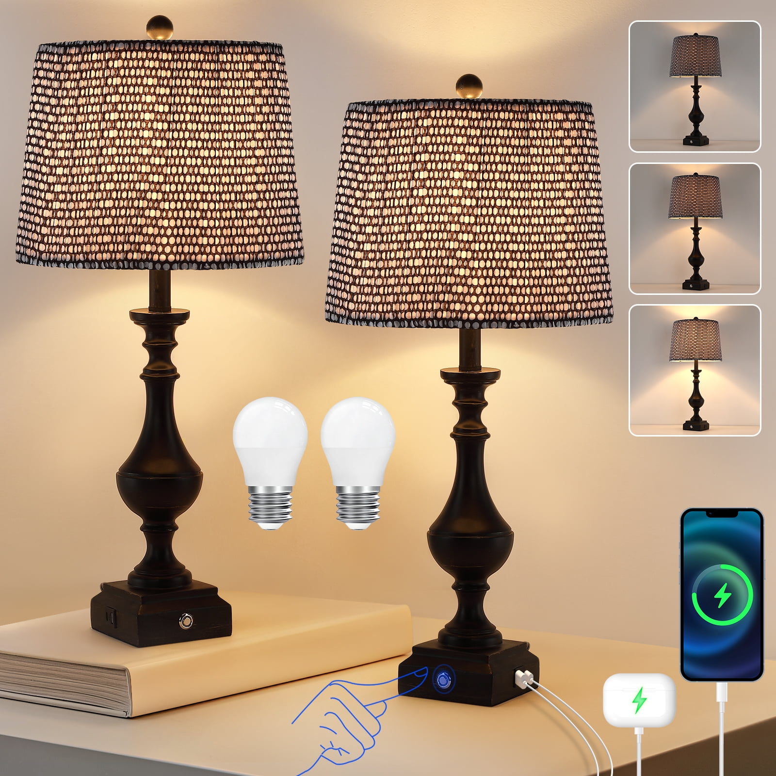 2 Set 3-Way Touch Dimmable Table Lamps For Night Stands, 27.5" Tall ...