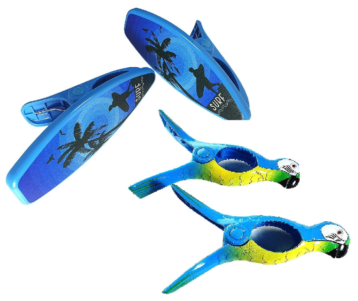 2 Set (4 Ct) Blue Surfboard / Blue Parrot Beach Towel Clips Jumbo Size ...