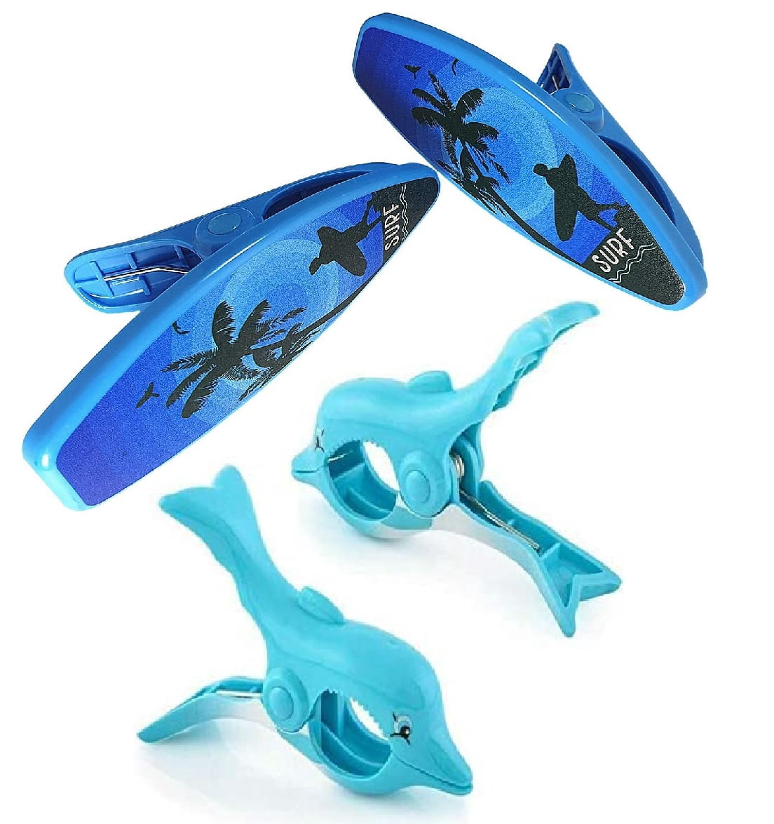 2 Set (4 Ct) Blue Surfboard / Dolphin Beach Towel Clips Jumbo Size for ...