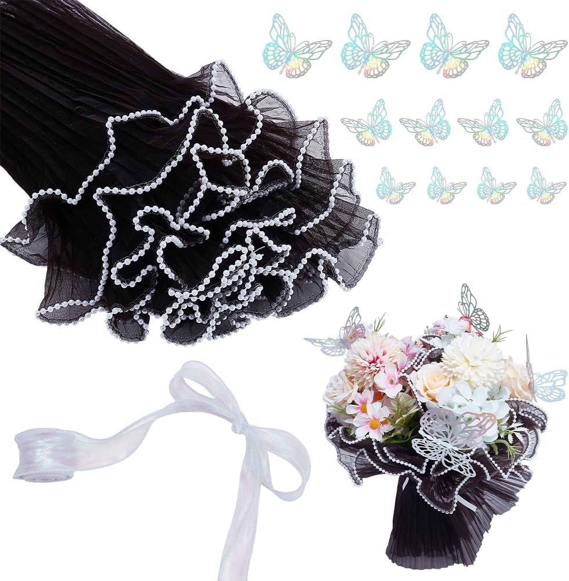 2 Set 4 Yards/Set Black Flower Wrapping Mesh Paper Wrinkled Wrapping ...