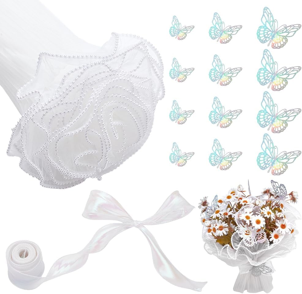 2 Set 4 Yards/Set White Flower Wrapping Mesh Paper Pearl Edge Bouquet ...