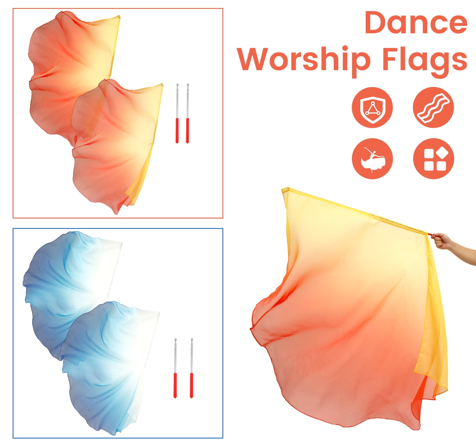 2 Set 55" Praise Dance Worship Flags with Scalable Rod Semicircle Worship Angel Wing Flag for ...