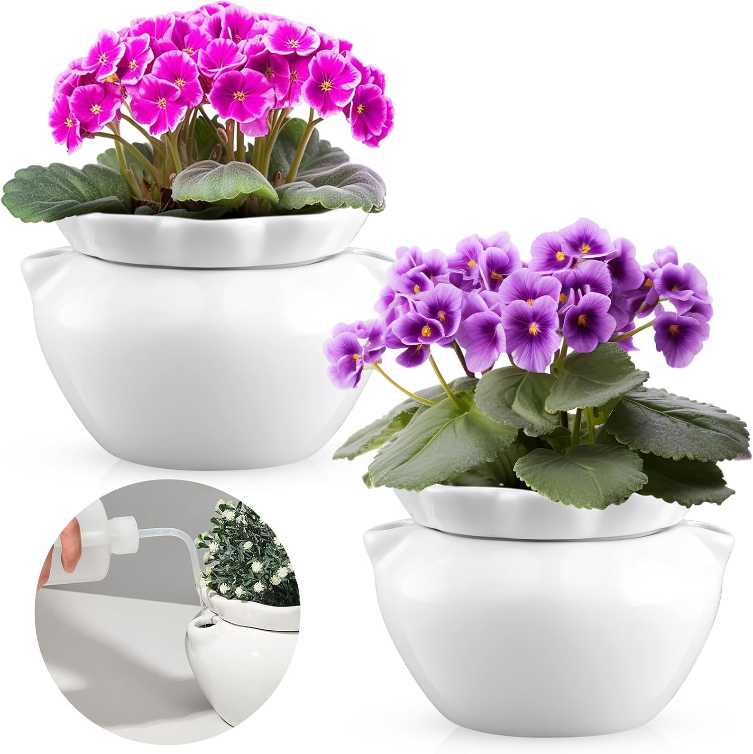 2 Set 7.5 Inches African Violet Pots Self Watering White Ceramic ...