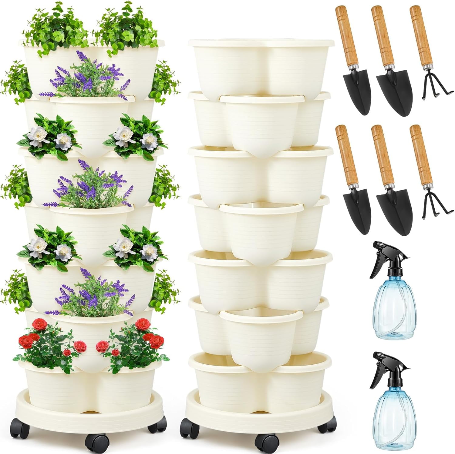 2 Set of 7 Tier Stackable Vertical Planters with Removable Wheels and Tools Tower Planters ...