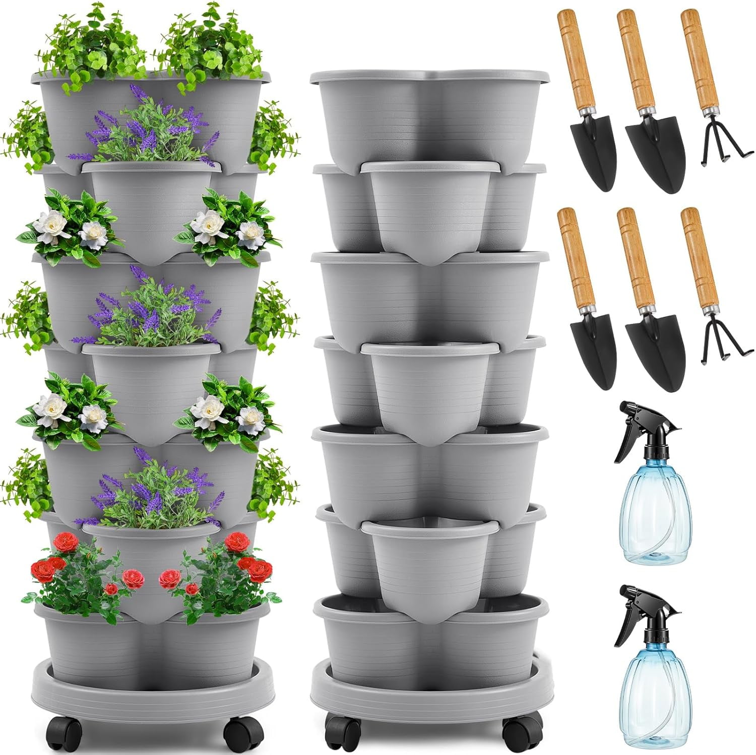 2 Set of 7 Tier Stackable Vertical Planters with Removable Wheels and Tools Tower Planters ...