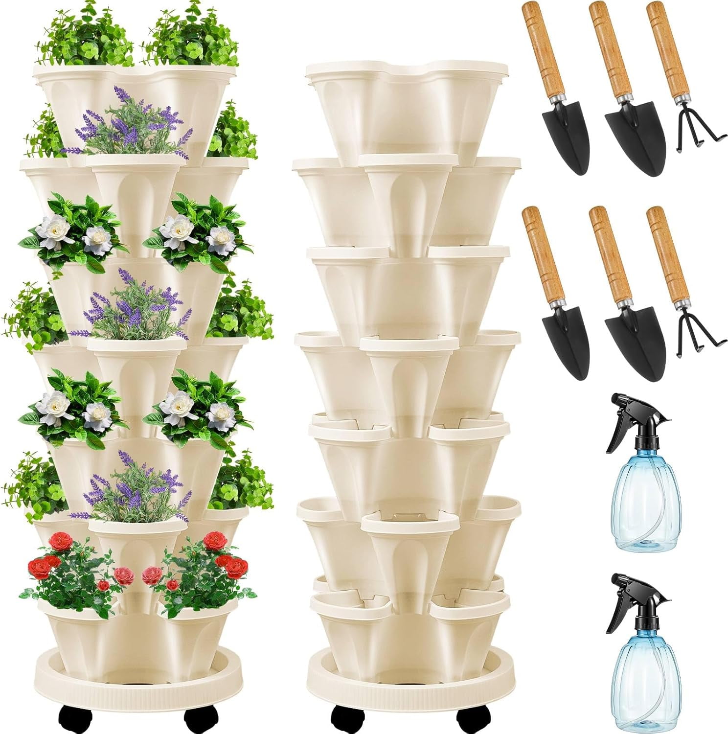 2 Set of 7 Tier Vertical Planter Stackable Tower Planters Strawberry Herb Flower and Vegetable ...