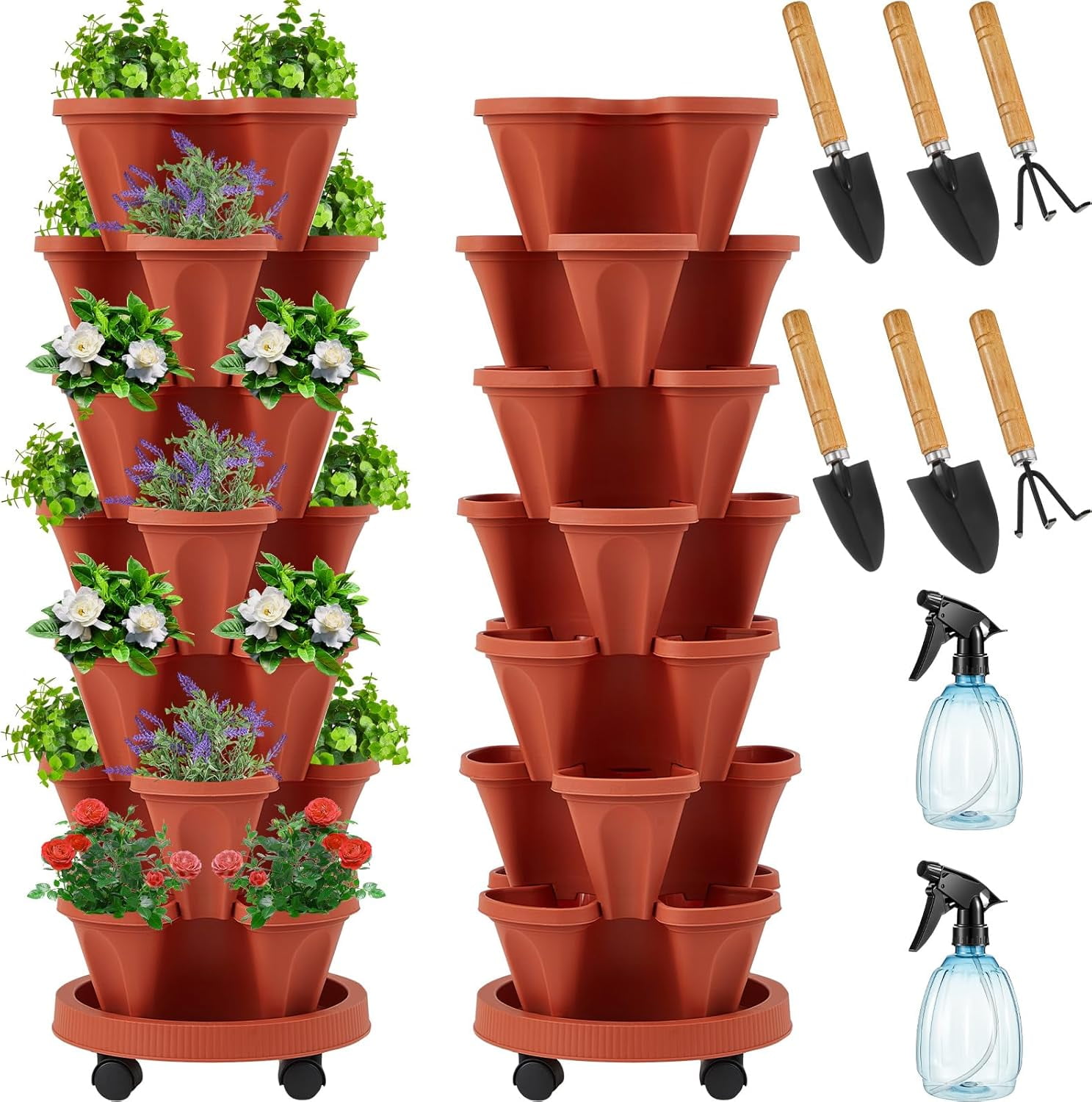 2 Set of 7 Tier Vertical Planter Stackable Tower Planters Strawberry Herb Flower and Vegetable ...