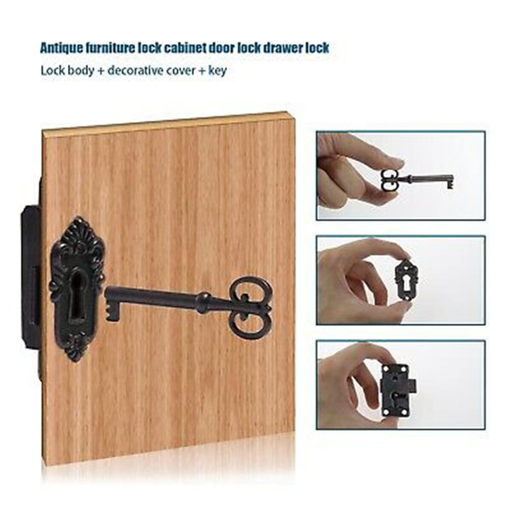2 Set Antique Drawer Lock W/Key Iron Door Lock Drawer Jewelry Wood Box ...
