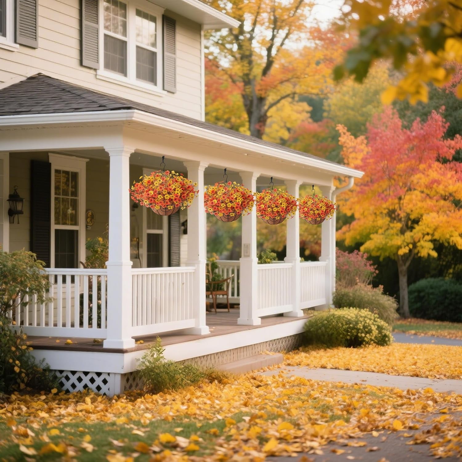 2 Set Artificial Fake Fall Flowers with Hanging Basket for Outdoors ...