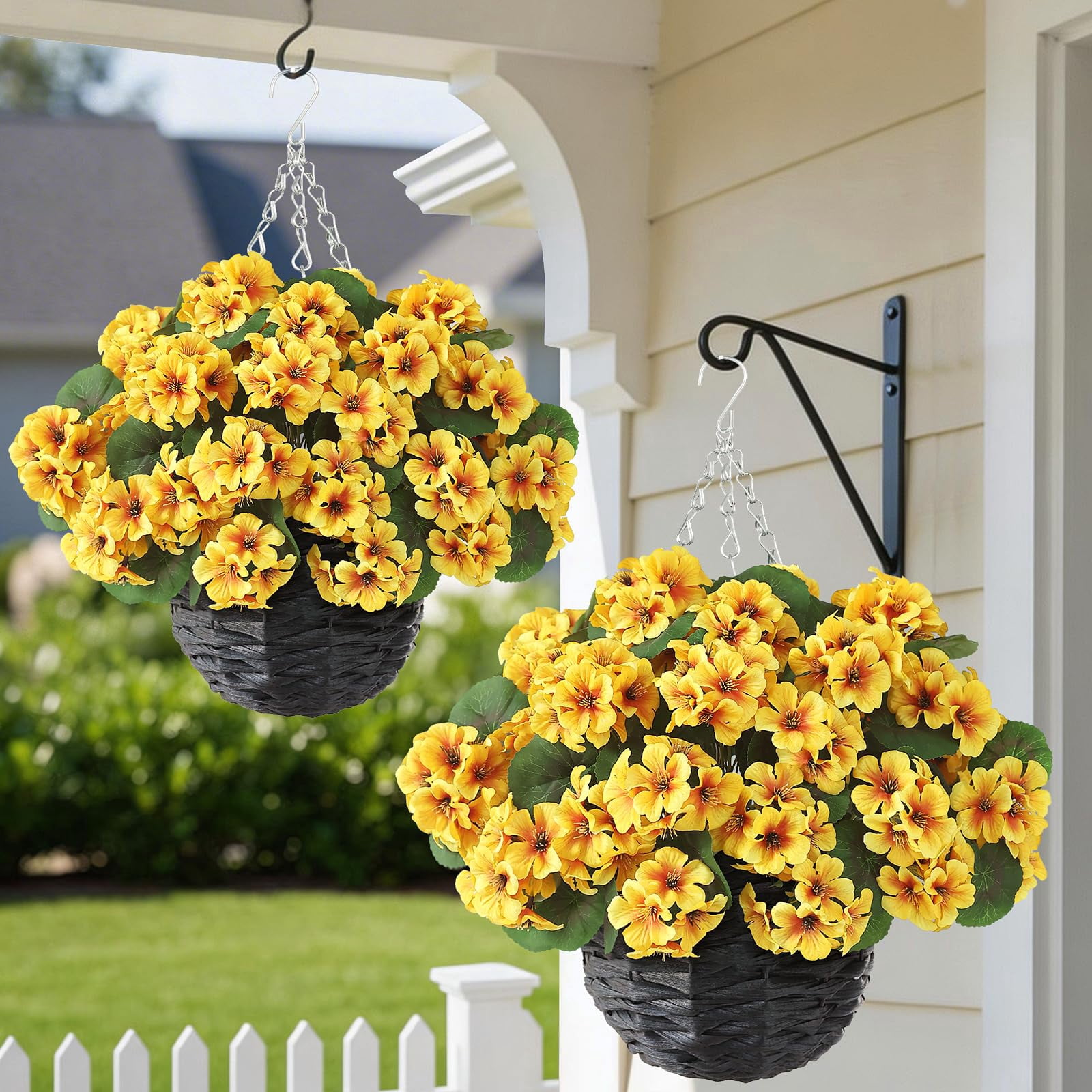 2 Set Artificial Geraniums Flowers with Hanging Baskets for Outdoors ...