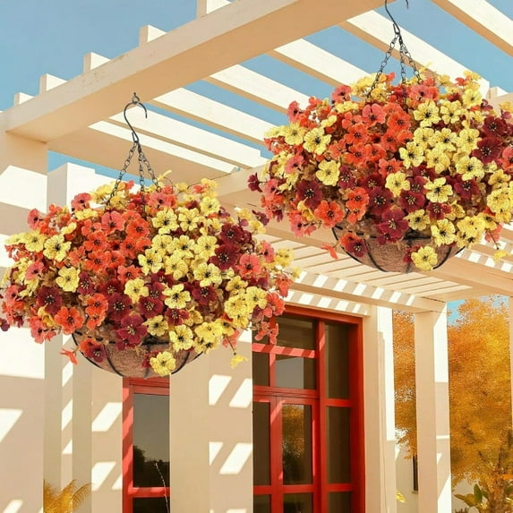 2 Set Artificial Hanging Basket Fall Flowers for Outdoor Fake Faux UV ...