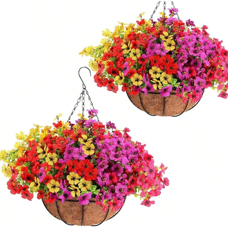 2 Set Artificial Hanging Plants Flowers Basket for Outdoor Fake Faux UV ...