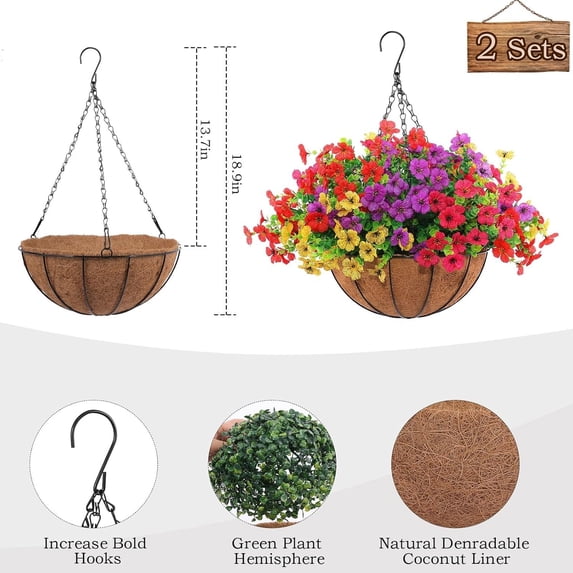 2 Set Artificial Outdoor Flowers with Hanging Basket, 2 Hanging ...