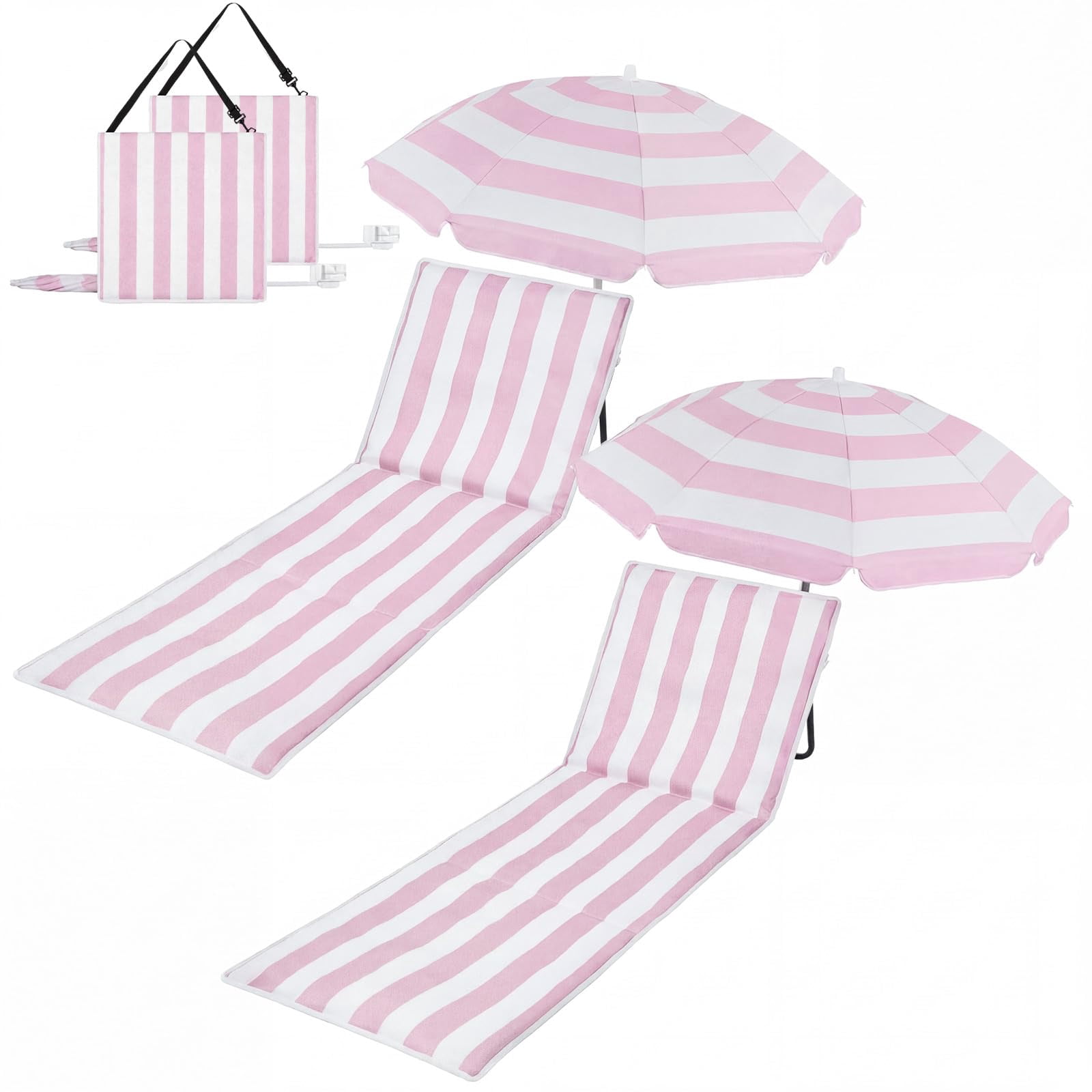 2 Set Beach Chairs with Umbrella Portable Beach Lounger Lightweight ...