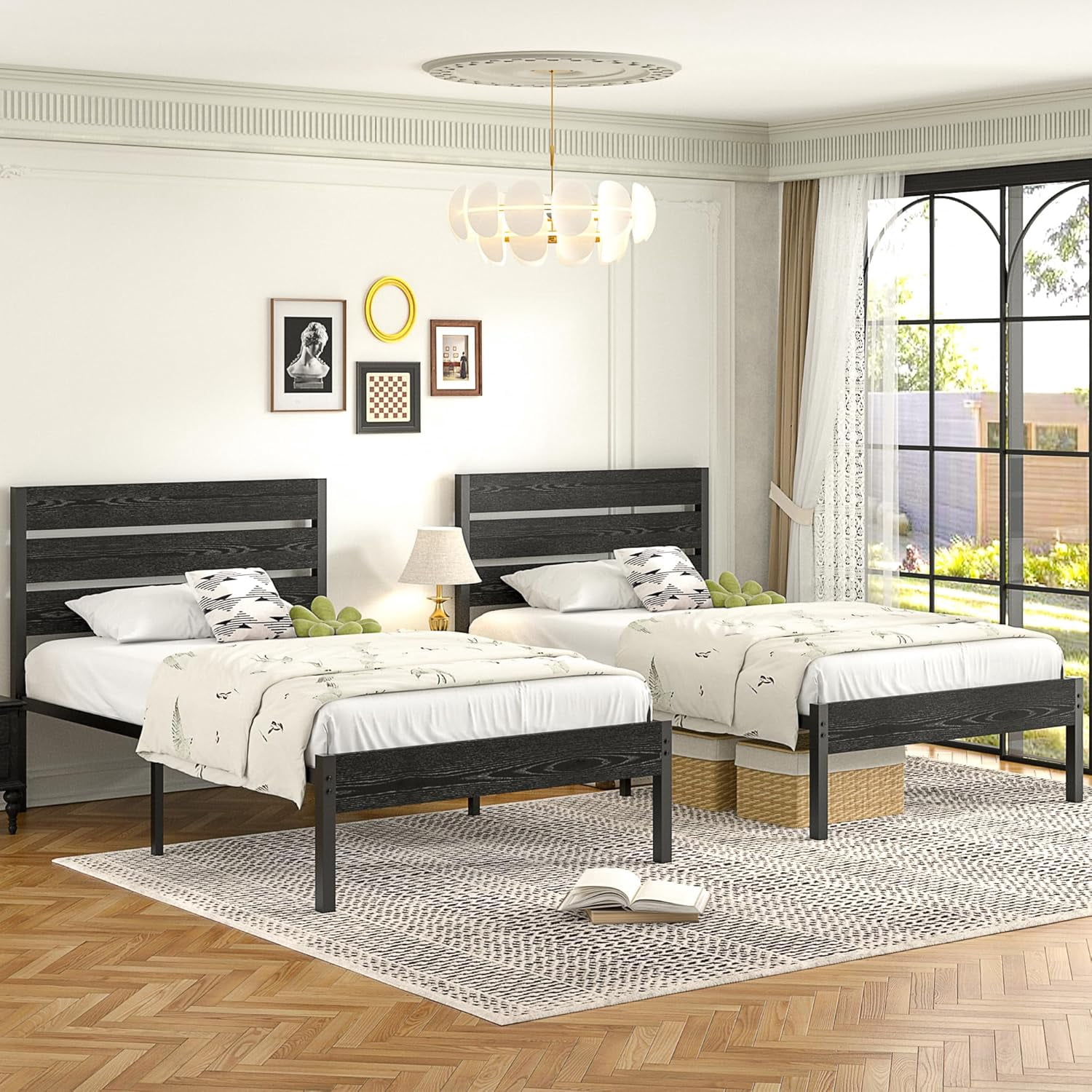 2 Set Bed Frame Twin Size with Wooden Headboard and Footboard, Heavy ...