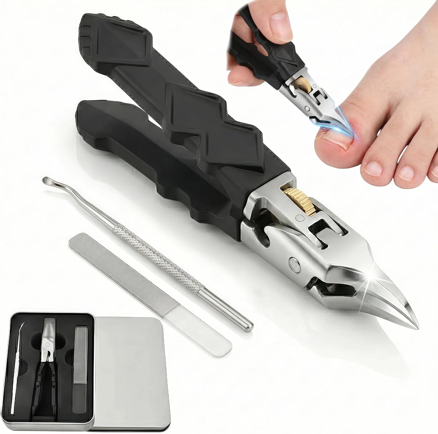 2 Set Black Anti-Slip Grip Gear Lock Nail Clipper Set with Ultra-Sharp ...